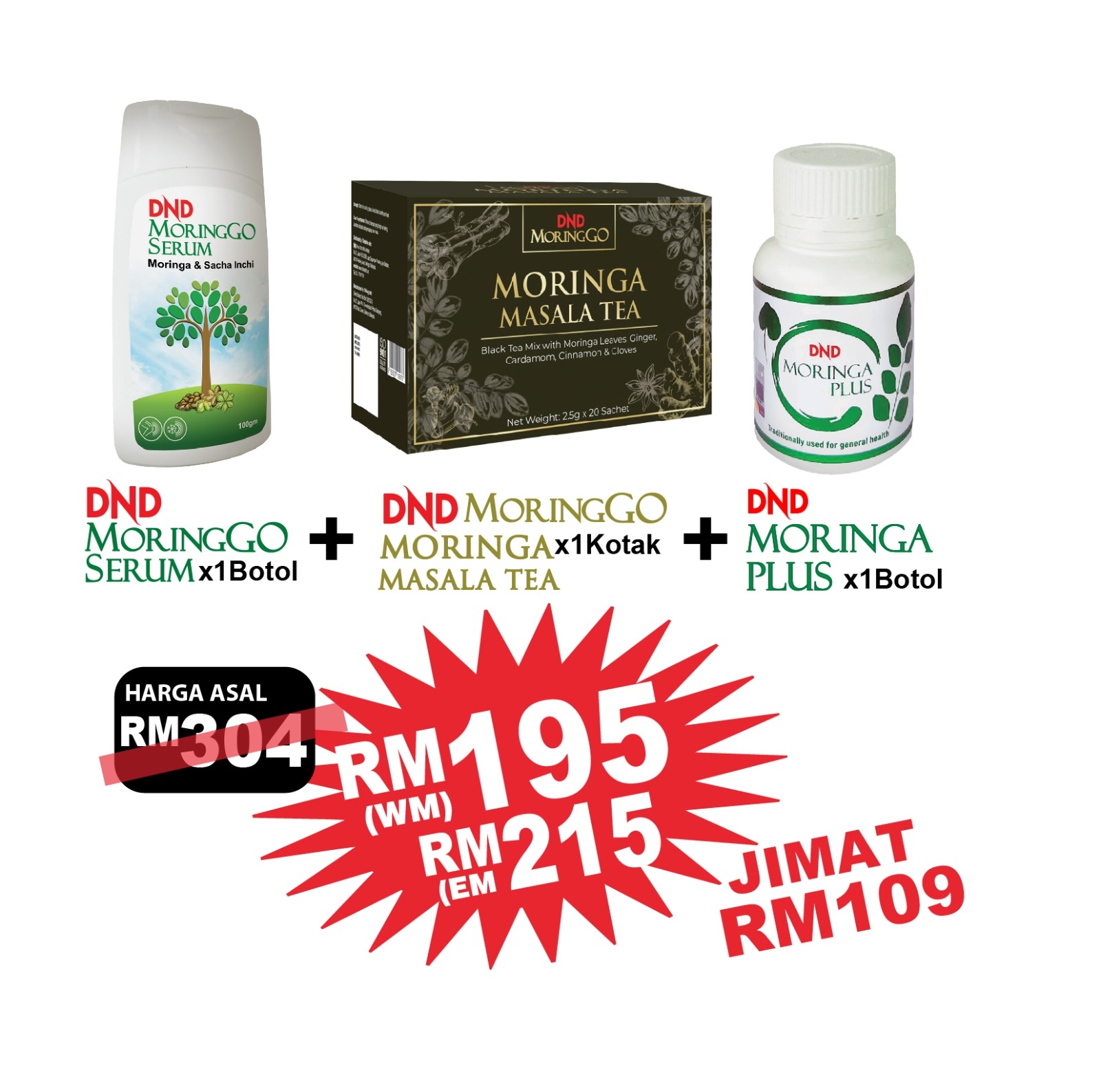 PACKAGE MORINGA: 1 BOTOL DND MORINGA PLUS + 1 KOTAK MORINGA TEA + 1 BOTOL MORINGA SERUM - DND ...